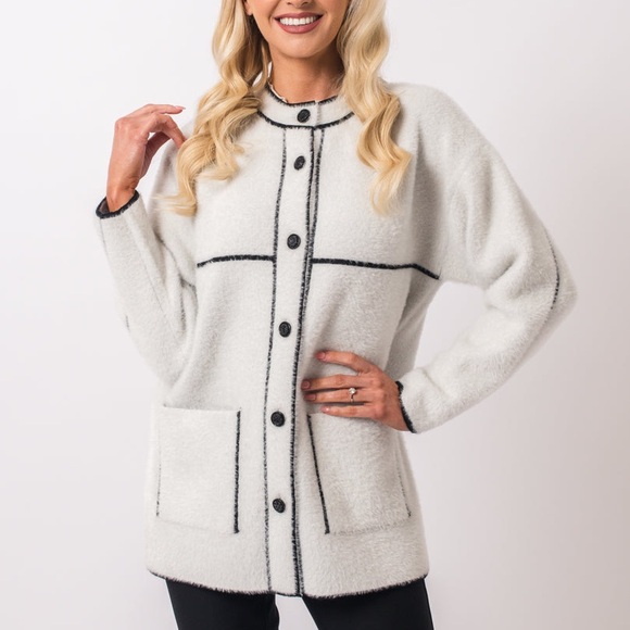 Cyrus | Jackets & Coats | Cyrus Ivory And Black Trim Cardigan Coat ...